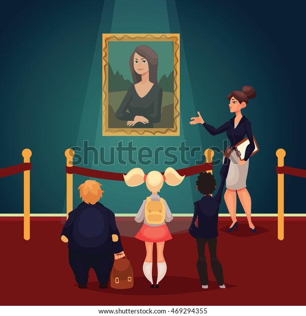 Kids in museum looking at classical work of art, cartoon style vector ...