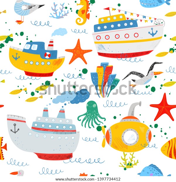 Kids Nautical Hand Drawn Illustration Ships Stock Vector (Royalty Free ...