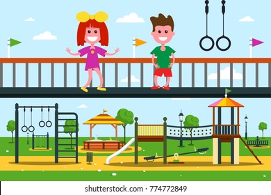 Kids On Playground Flat Design City Stock Vector (Royalty Free ...
