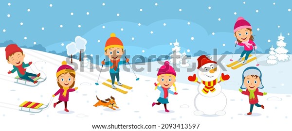 Kids Play Winter On Winter Backgroundillustrationvector Stock Vector ...