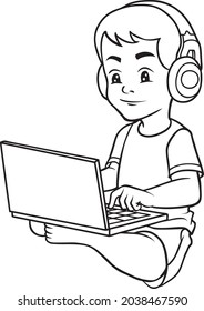 Kids Playing Laptop Line Vector Illustration Stock Vector (Royalty Free ...