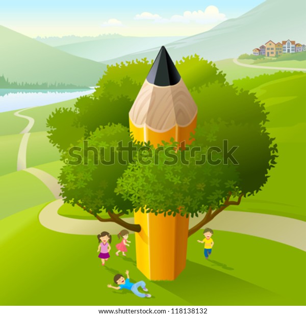 Kids Playing Under Pencil Tree Stock Vector (Royalty Free) 118138132 ...