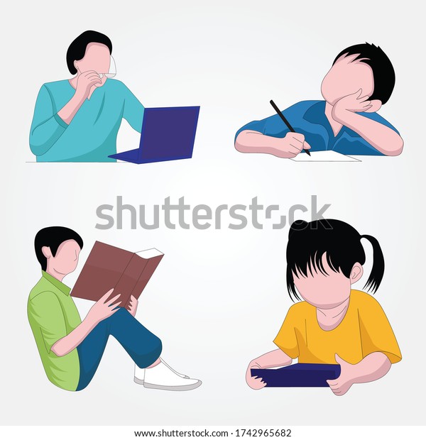 Kids Reading Books Writing Vector Pose Stock Vector (Royalty Free ...