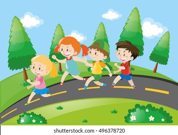 Kids Running Down Road: เวกเตอร์สต็อก (ปลอดค่าลิขสิทธิ์) 496378720 ...