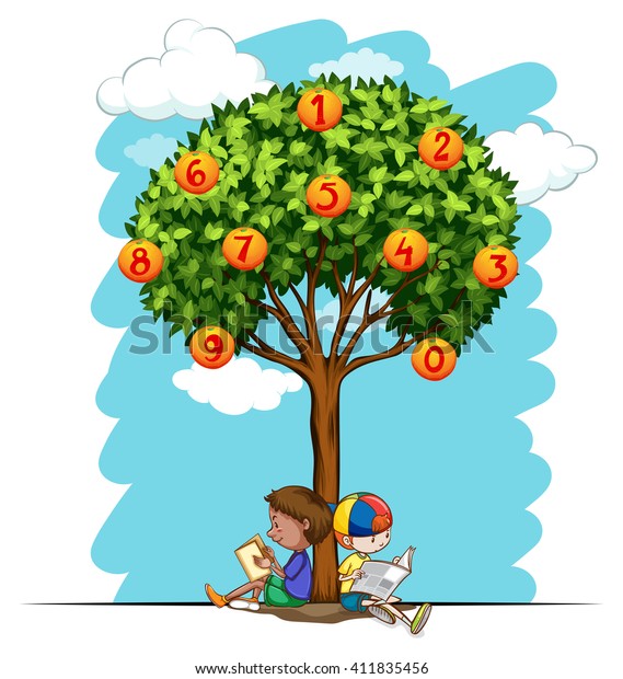 Kids Sitting Under Number Tree Stock Vector (Royalty Free) 411835456