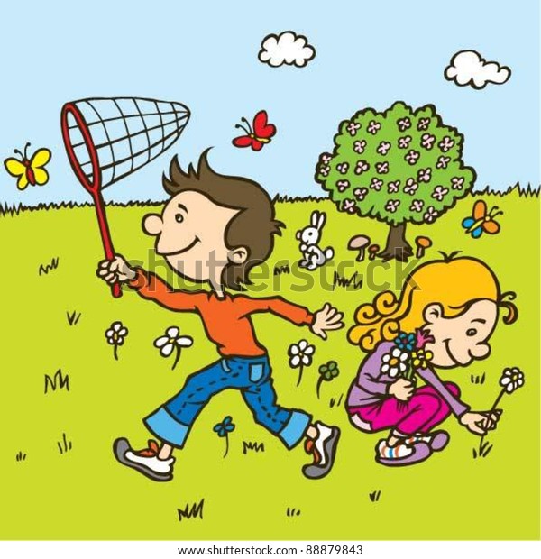 Kids Springhand Drawing Illustration Kids Playing Stock Vector (Royalty ...