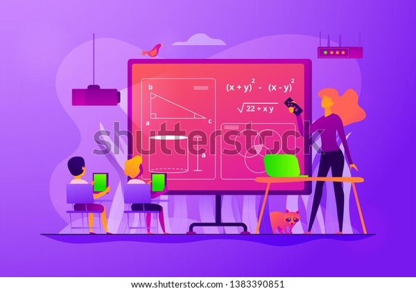 Kids studying mathematics in digital classroom with teacher, tiny ...