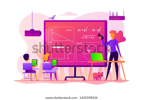 Kids studying mathematics in digital classroom with teacher, tiny ...