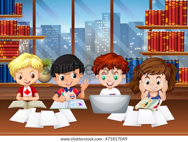 Kids Working Library Illustration Stock Vector (Royalty Free) 471817049 ...
