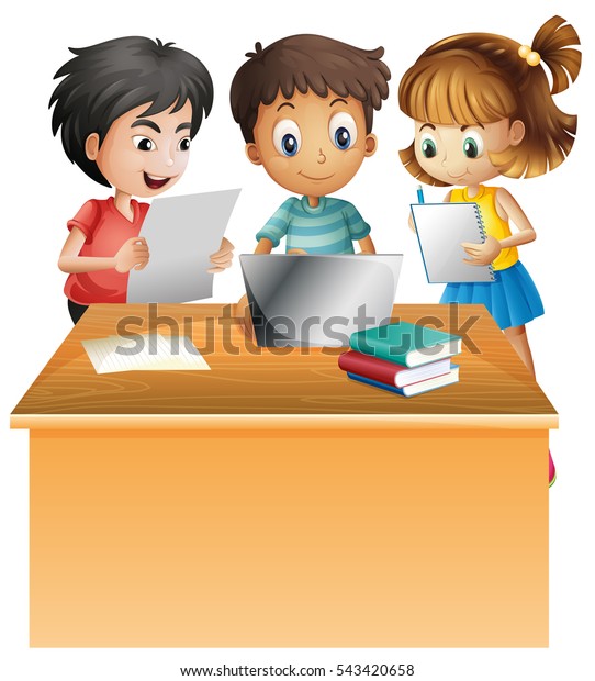 Kids Working On Computer On Desk Stock Vector (Royalty Free) 543420658 ...