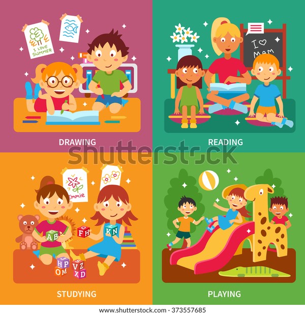 Kindergarten Design Concept Set Children Drawing: เวกเตอร์สต็อก (ปลอด ...