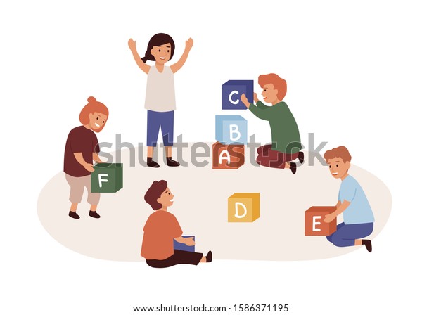 Kindergarten Flat Vector Illustration Children Sitting Stock Vector ...