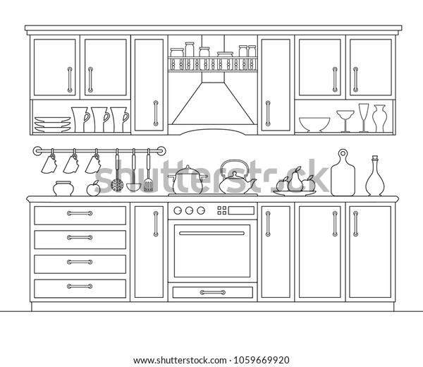 Kitchen Interier Outline Style Vector Linear Stock Vector (Royalty Free ...