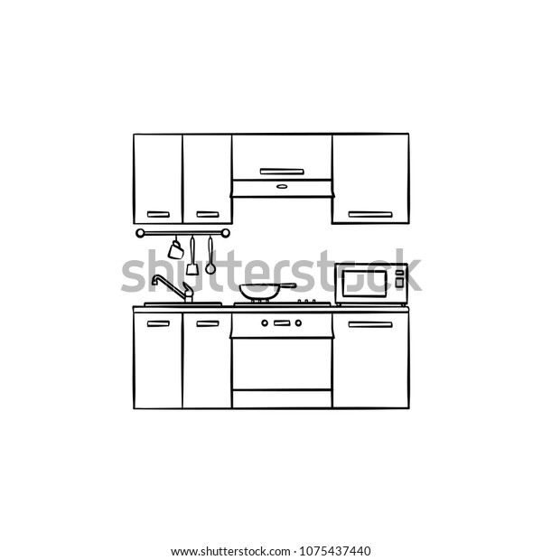 Kitchen Interior Hand Drawn Outline Doodle 스톡 벡터(로열티 프리) 1075437440