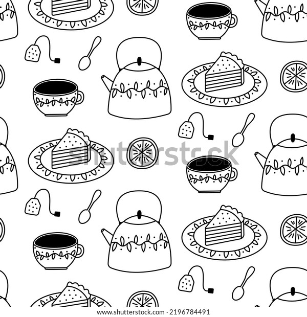 Kitchen Pattern Linear Doodle Tea Party Stock Vector (Royalty Free ...