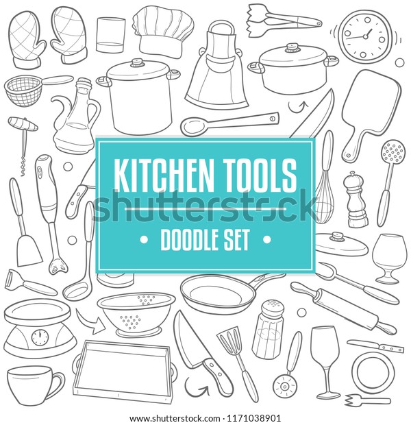 Kitchen Tools Traditional Doodle Icons Sketch: vector de stock (libre ...