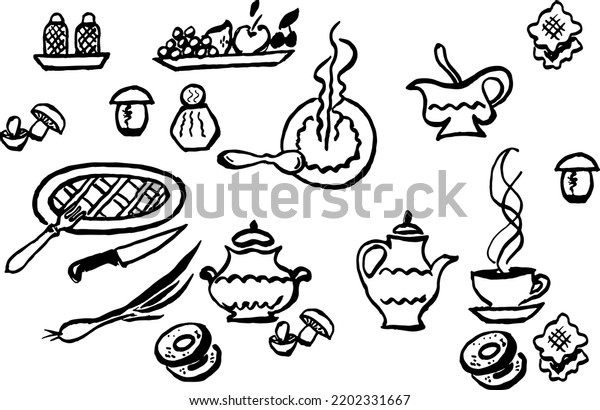 Kitchen Utensils Crockery Hand Drawn Set Stock Vector (Royalty Free ...
