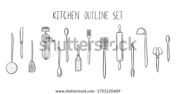 Kitchen Utensils Set Outline Simple Doodle Stock Vector (Royalty Free ...