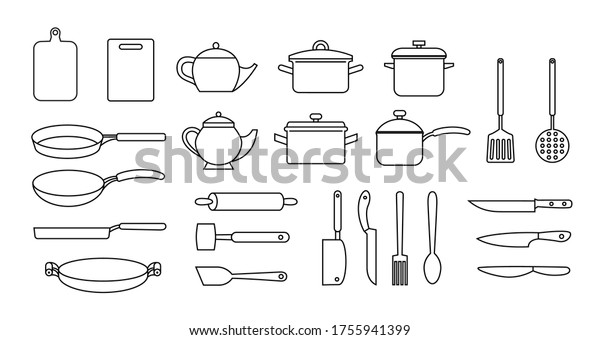 Kitchen Utensils Vector Black Outline Set Stock Vector (Royalty Free ...