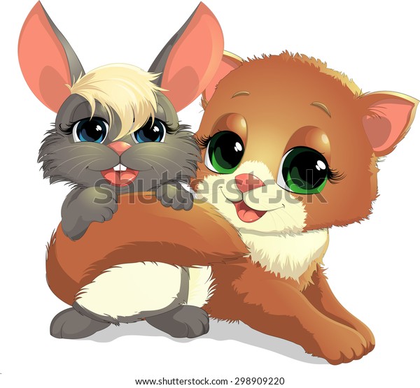 Kitten Bunny Cuddling On White Background Stock Vector (Royalty Free ...