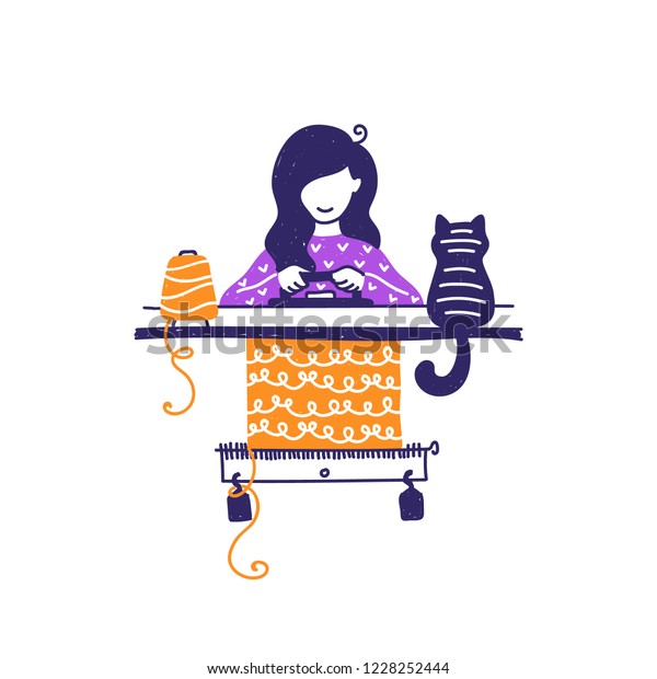 Knitter Using Knitting Machine Woman Creates Stock Vector (Royalty Free ...