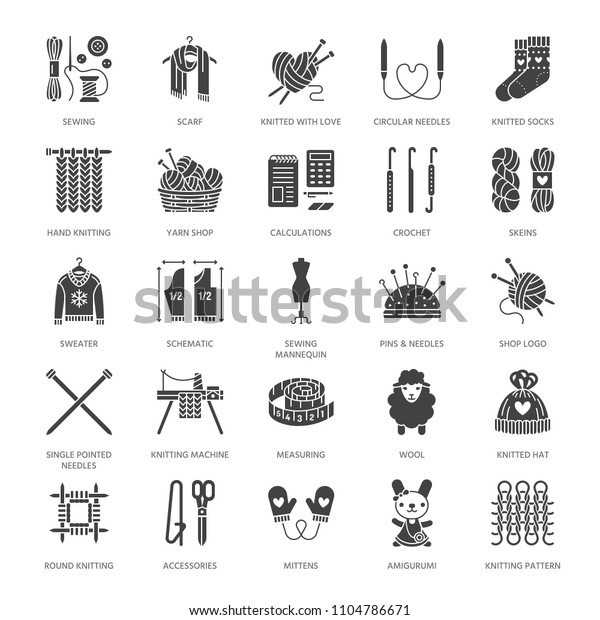 Knitting, crochet, hand made flat glyph icons set. Needle, hook scarf ...
