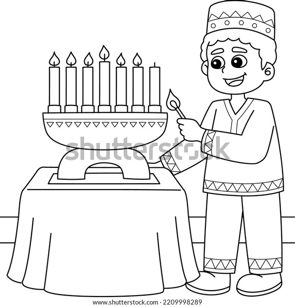 Kwanzaa Boy Lighting Kinara Coloring Page Stock Vector (Royalty Free ...
