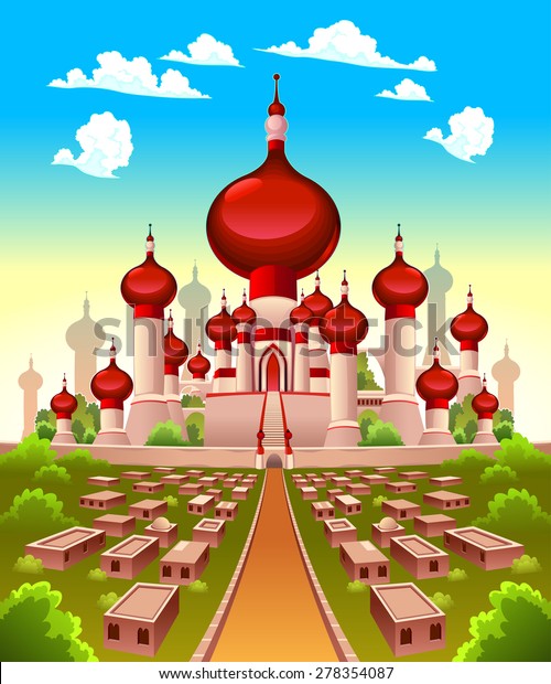 Paisaje con castillo árabe. Ilustración de dibujos animados