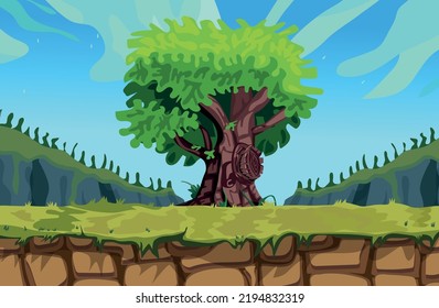 Landscape Big Tree Game Background Cartoon Stock Vector (Royalty Free ...