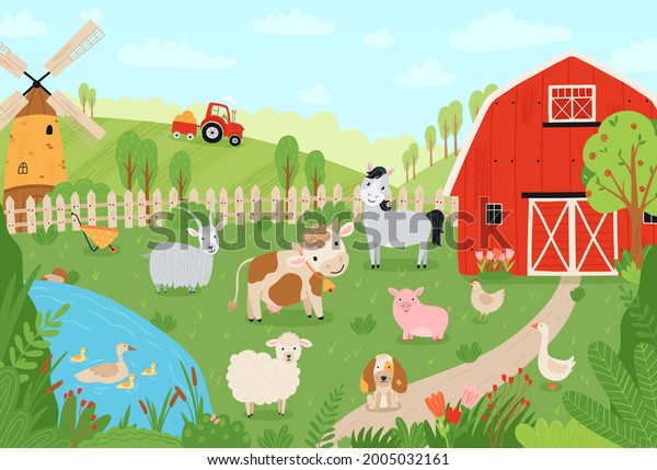 Landscape Farm Cute Background Farm Animals Stock Vector (Royalty Free ...