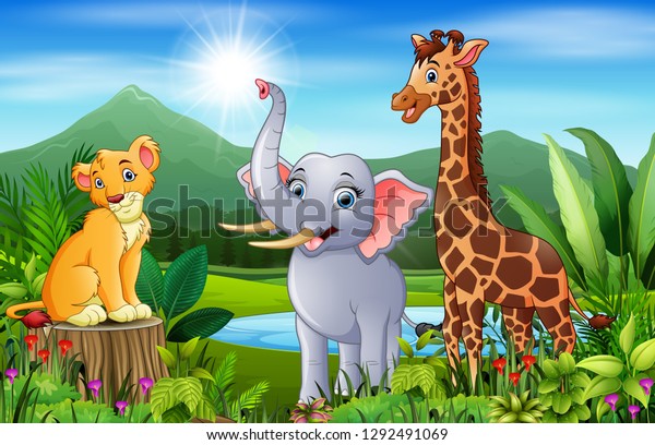 Landscape forest with happy animals cartoon