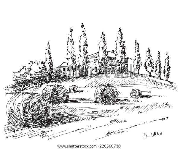 Landscape Haystacks Italy Stock Vector (Royalty Free) 220560730 ...