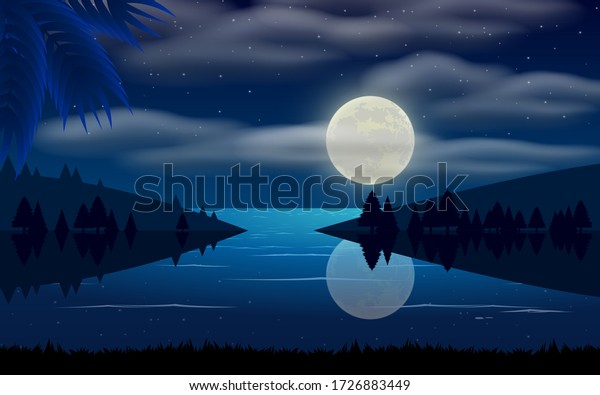 paisaje de laguna en la noche de la luna