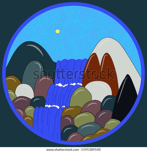 Landscape Mountain Waterfall Circle Mountain River Stock Vector ...