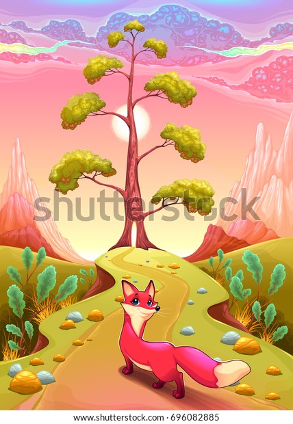 Landscape Sunset Fox Vector Cartoon Illustration Stock Vector (Royalty ...