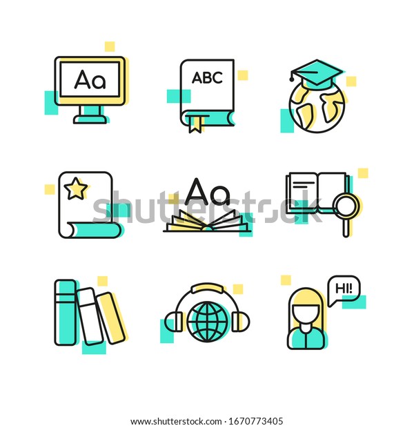Iconos coloridos de aprendizaje de idiomas establecidos en fondo blanco ...