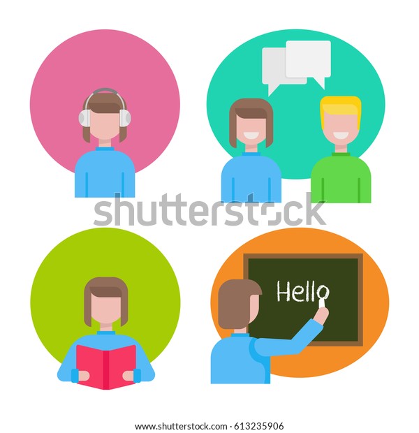 Language Learning Icons Listening Audio Lesson Stock Vector (Royalty ...