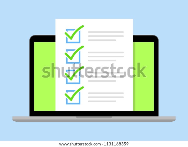 Laptop and checkboxes with check mark. Checklist, white tick on laptop ...