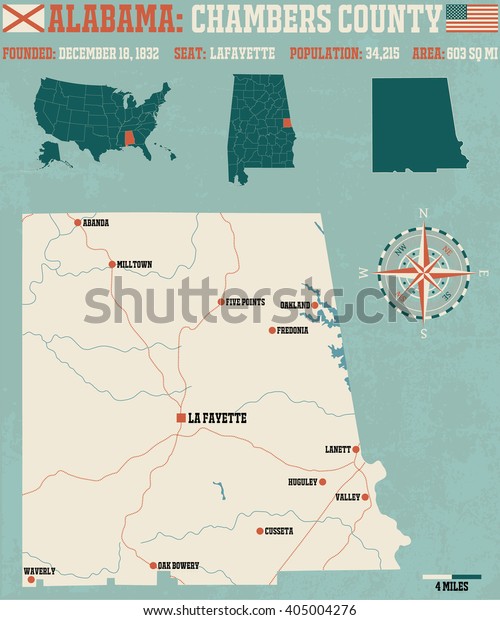 Large and detailed map and infos about Chambers County in Alabama.