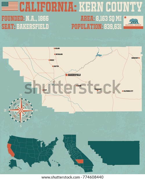 Vektor Stok Large Detailed Map Kern County California (Tanpa Royalti ...