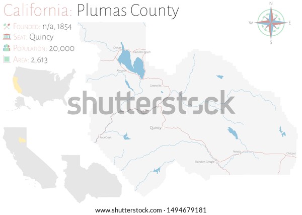 Large and detailed map of Plumas county in California, USA.