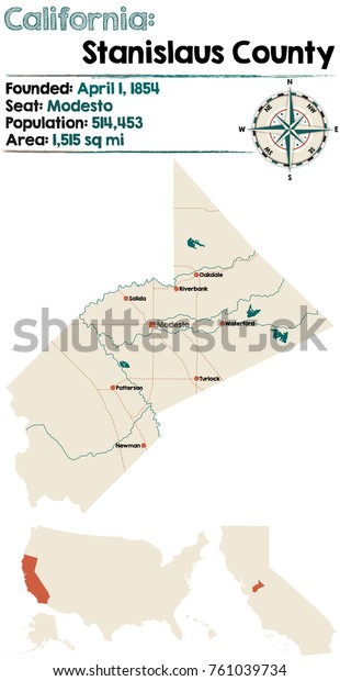 Large Detailed Map Stanislaus County California: เวกเตอร์สต็อก (ปลอดค่า ...