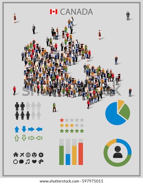 Large group of people in form of Canada map with infographics elements ...