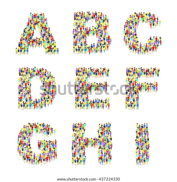 Large group of people standing as letters. Flat 3d isometric alphabet.