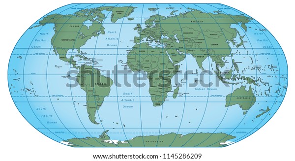 large political map of the world in Robinson projection vector illustration