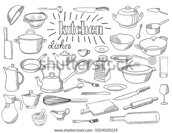 Large Set Dishes Coloring Book Page Stock Vector (Royalty Free ...