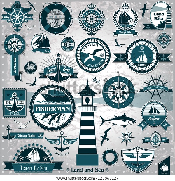 Large Set Marine Labels Stamps Stock Vector (Royalty Free) 125863127