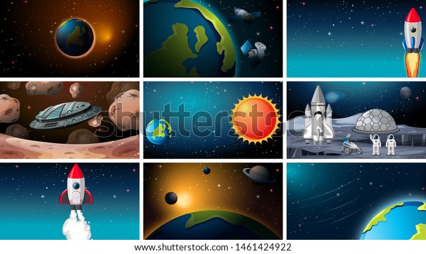 Large Set Space Scenes Illustration Stock Vector (Royalty Free ...