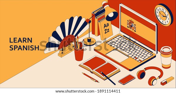 Learn Spanish Isometric Concept Open Laptop Stock Vector (Royalty Free ...