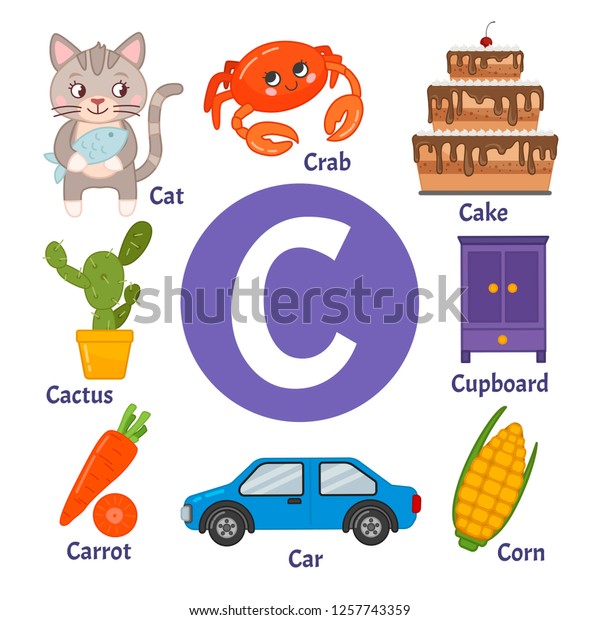 Alfabeto de cartas de aprendizaje. Carta C. Conjunto de tiernos dibujos ...
